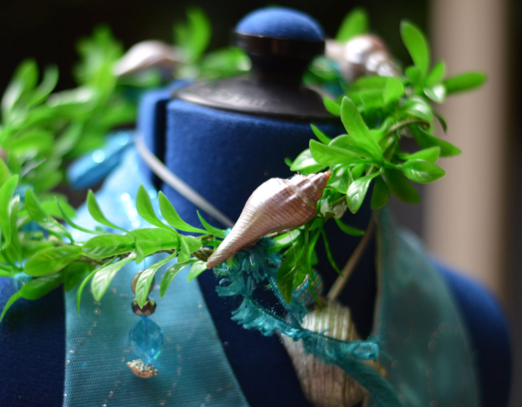 Mermaid costume - Tail skirt , halter top, headpiece and shell necklace ...